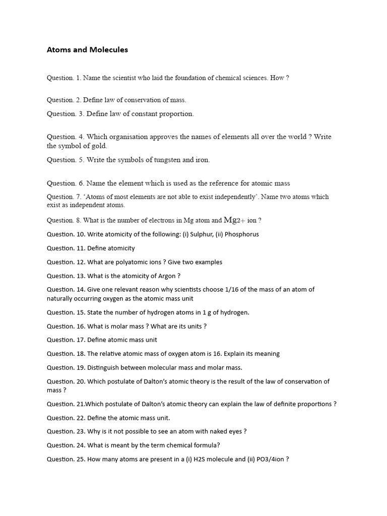 Atoms and Molecules Questions | PDF | Ion | Chemical Compounds