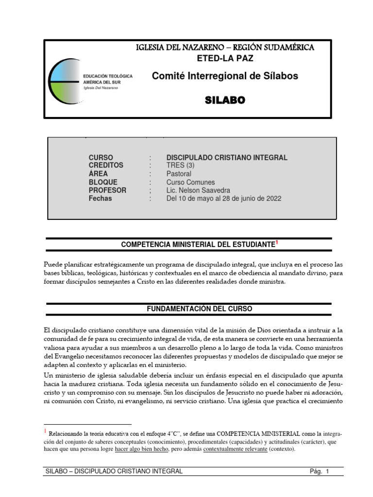01 - SILABO - Discipulado Cristiano Integral - Estudiante | PDF | Evaluación | Iglesia cristiana