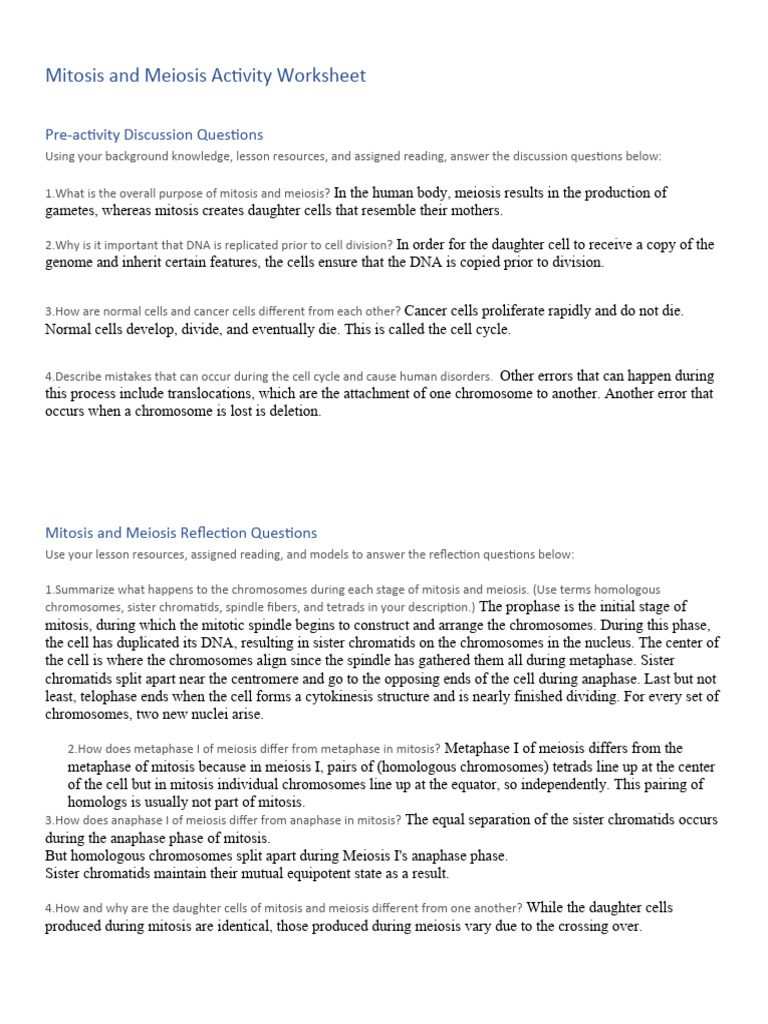 Mitosis and Meiosis Activity Worksheet | PDF | Mitosis | Meiosis