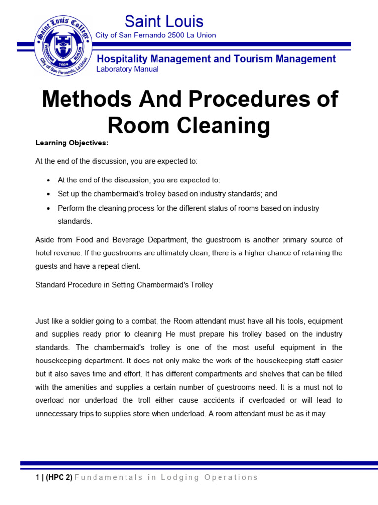 Hotel Room Cleaning Procedures Guide | PDF | Bed | Bathroom