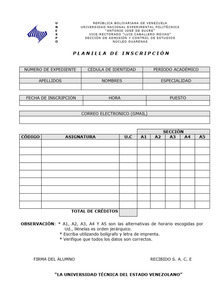 Planilla de Inscripcion | PDF