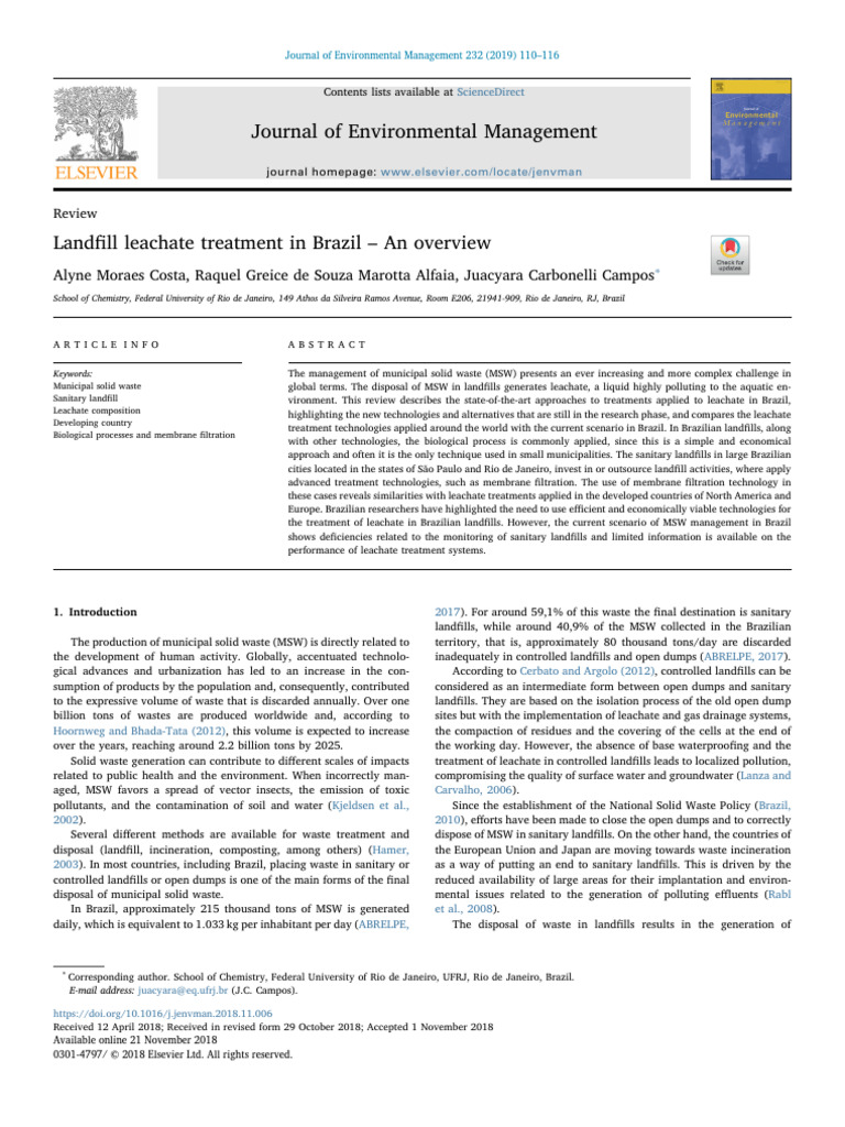 Landfill Leachate Treatment in Brazil - An Overview | PDF | Landfill ...