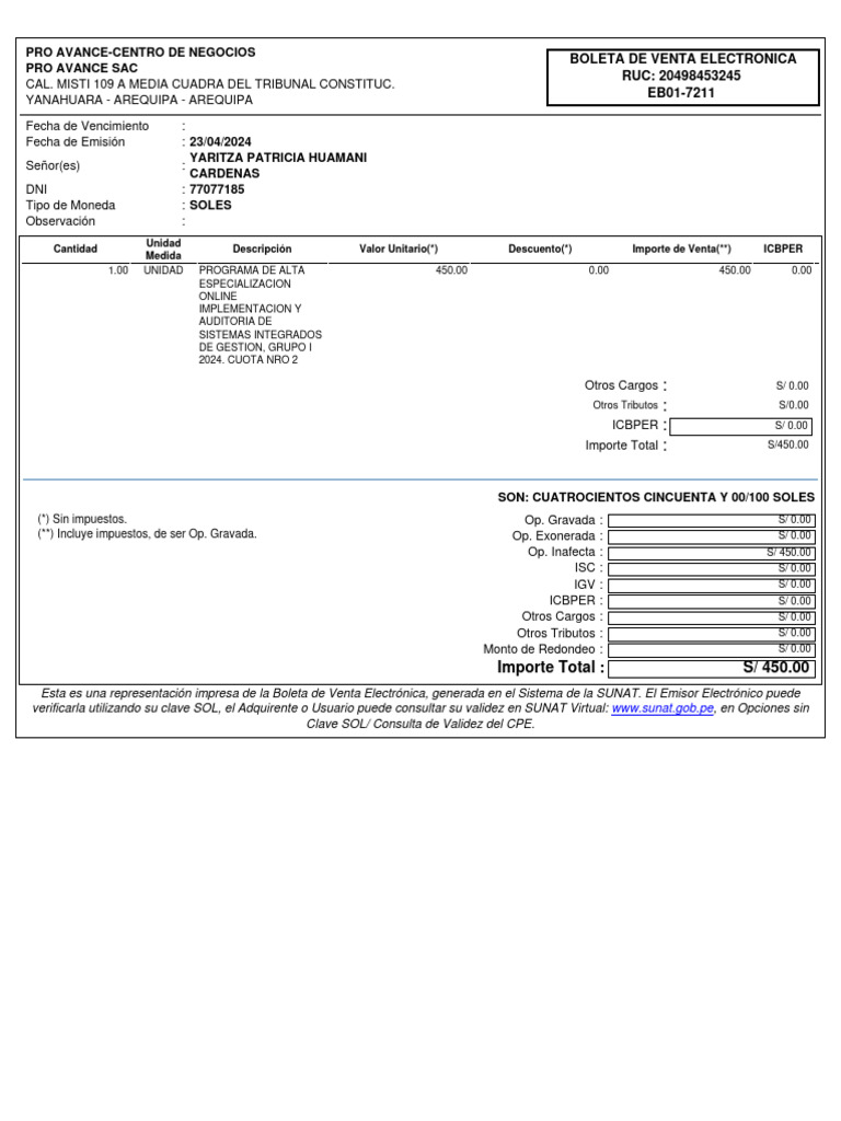 Boleta Eb01-7211 Yaritza Patricia Huamani Cardenas | PDF