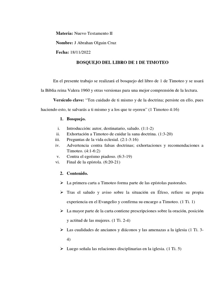 Bosquejo de 1 Timoteo: Instrucciones y Doctrina | PDF | Pablo el ...