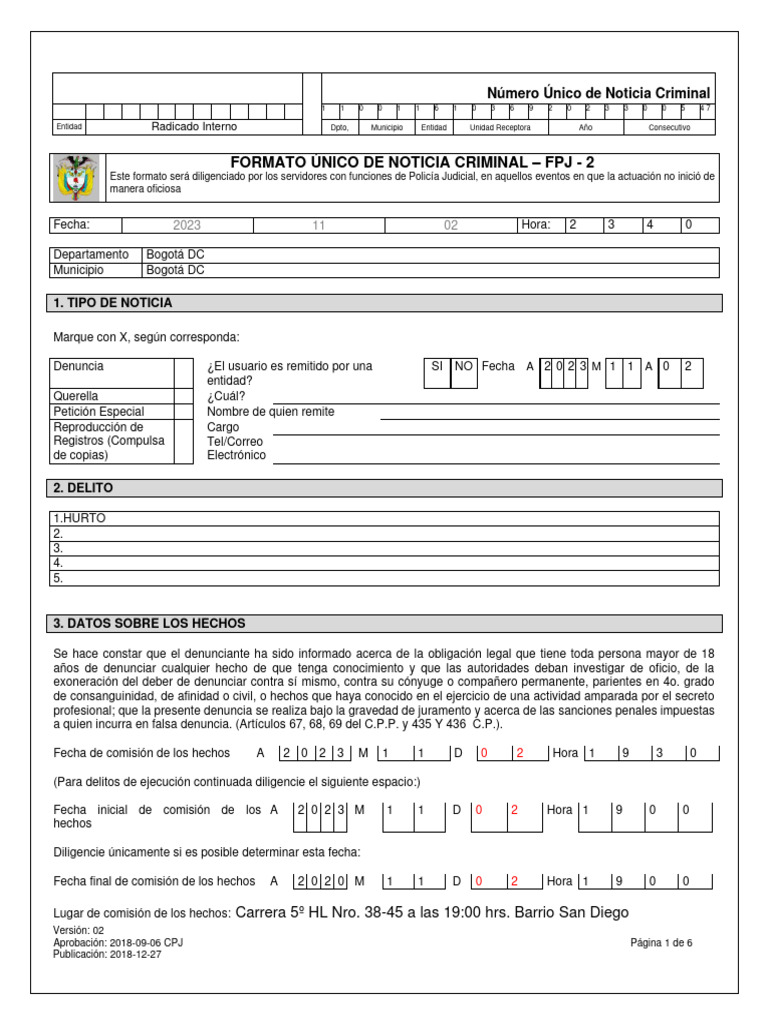 Formato Único de Noticia Criminal FPJ-2 | PDF | Documento de identidad ...