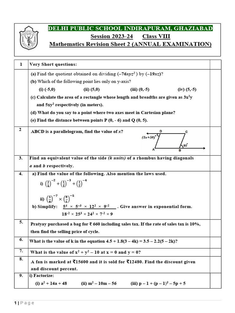 Maths Revision Worksheets | PDF | Area | Cartesian Coordinate System