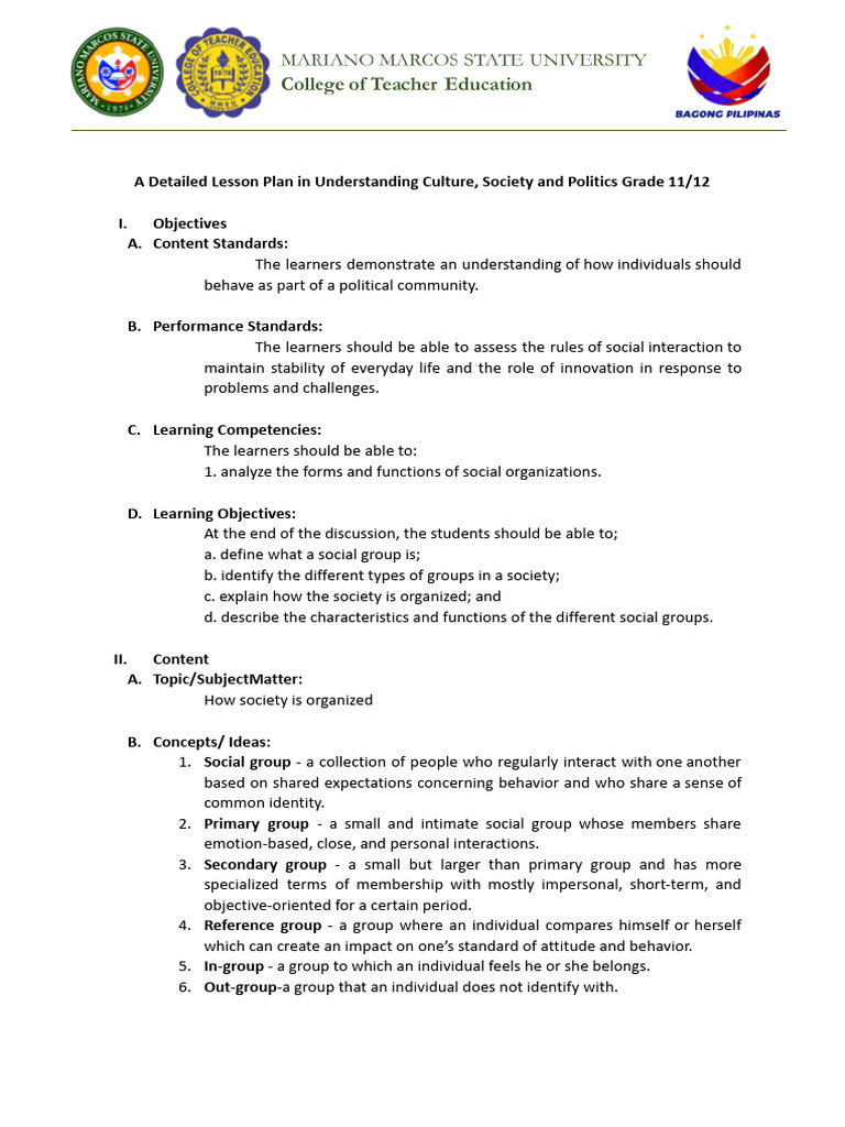 Detailed Lesson Plan UCSP 1 | PDF | Social Group | Learning