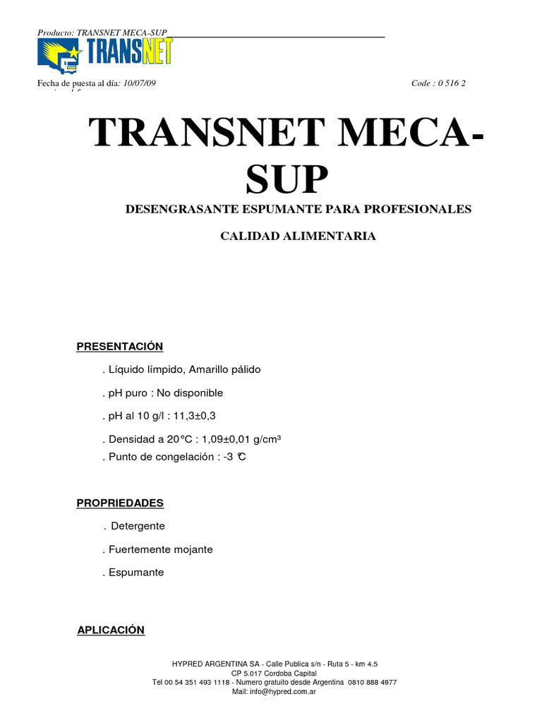 Hoja Tecnica Transnet Meca Sup | PDF | Química