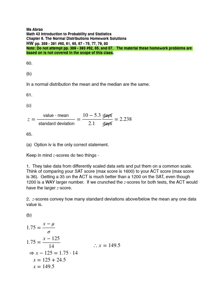 Chapter 6. The Normal Distributions Practice and Homework Solutions ...