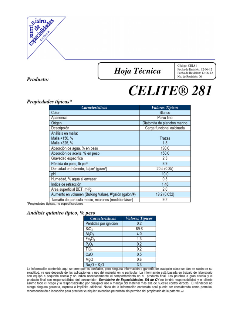 CELITE® 281: Hoja Técnica | PDF