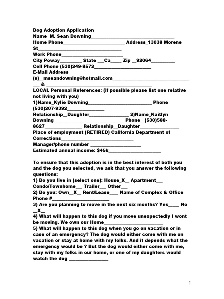 Dog Adoption Application | PDF | Neutering | Pet