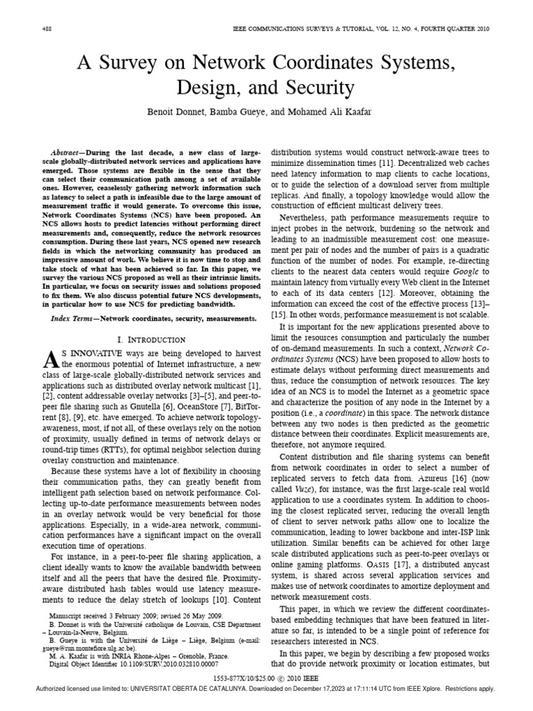A Survey on Network Coordinates Systems Design and Security | PDF ...