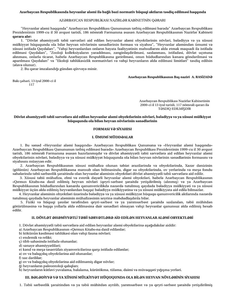 117-Azərbaycan Respublikasında Heyvanlar Aləmi Ilə Bağlı Bəzi Normativ ...