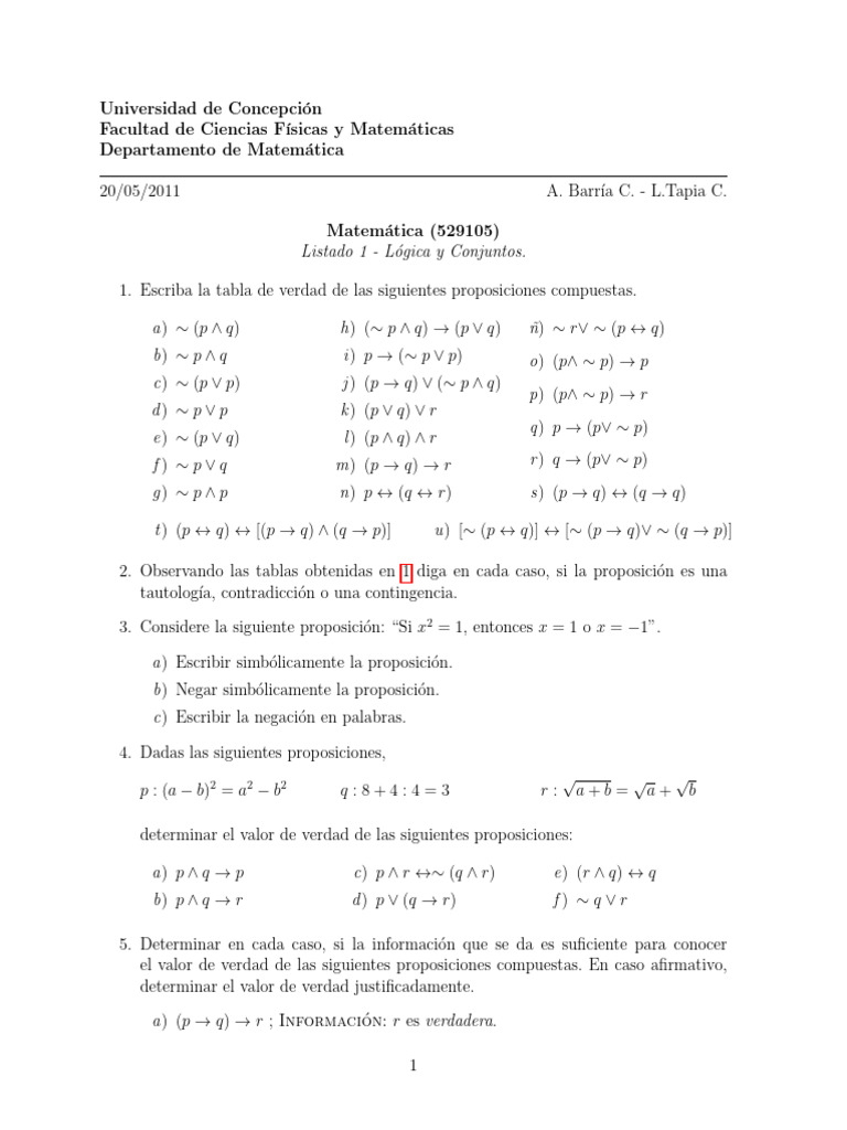 Listado 1 S | PDF | Proposición | Sintaxis (Lógica)