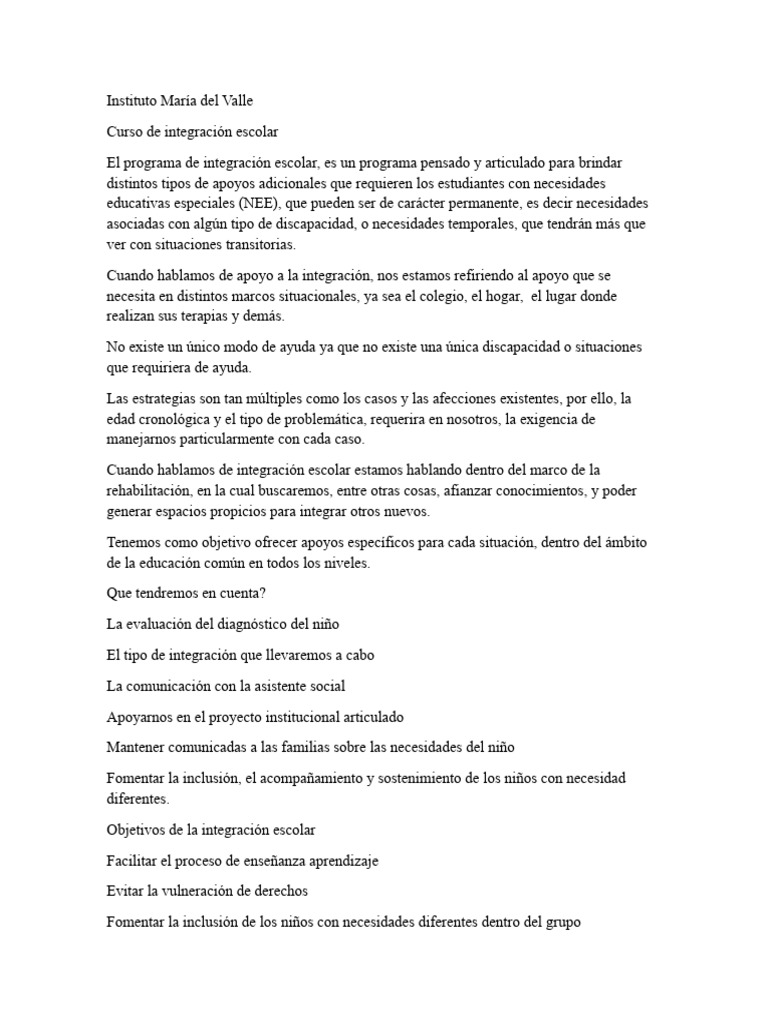 Curso de Integración Escolar para NEE | PDF | Inclusión (Educación ...