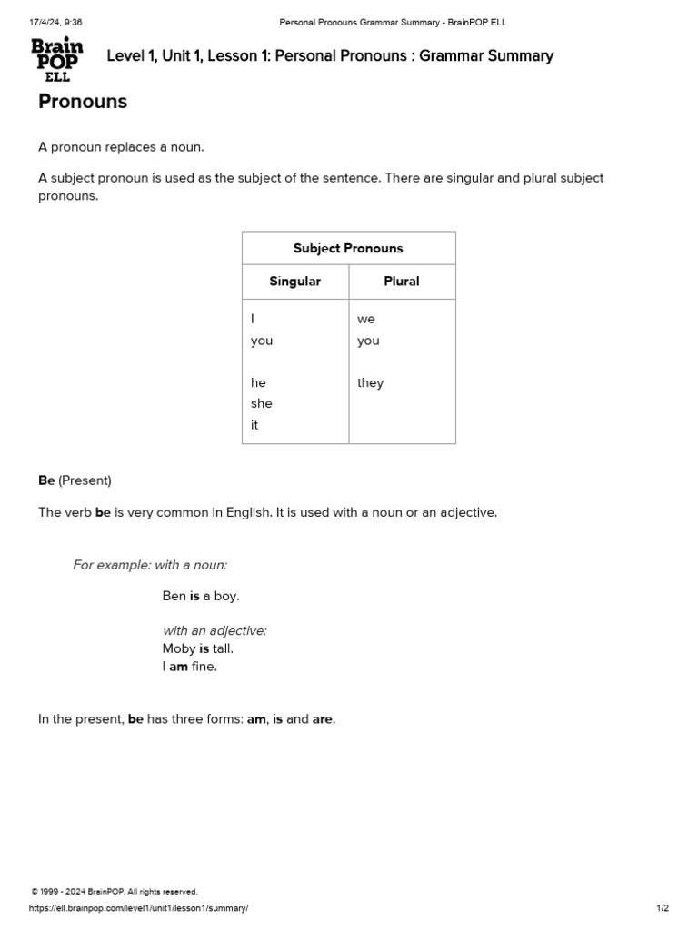 Personal Pronouns Grammar Summary - BrainPOP ELL | PDF | Grammatical ...