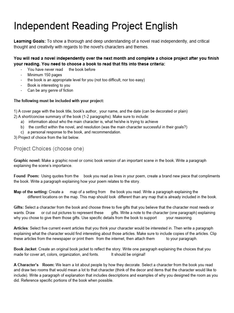 Independent Reading Project Guide | PDF | Books | Thought