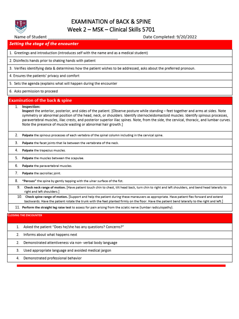 Checklist Week2 Back & Spine MSK | PDF | Vertebral Column | Vertebra
