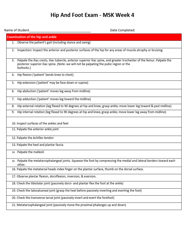 Checklist-Week 4 - Hip Exam - MSK | PDF