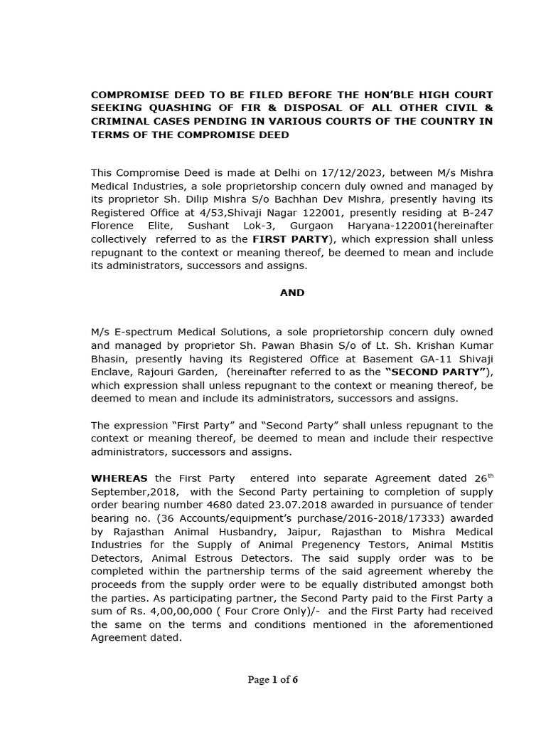 Dilip Mishra Compromise Deed First Draft | PDF | Lawsuit | Settlement ... Dilip Mishra Compromise Deed First Draft | PDF | Lawsuit | Settlement ...
