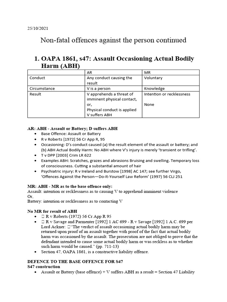 Non Fatal Offences Against The Person Continued W5 | PDF | Assault ...