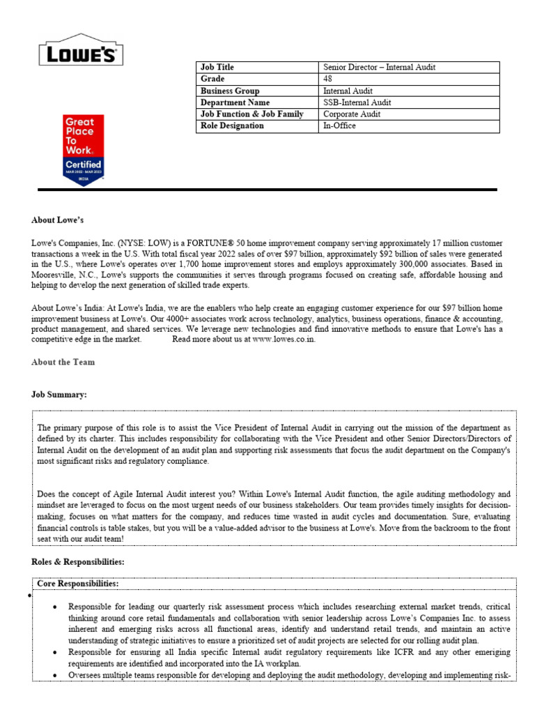 Lowe's Job Description - 2024 - Audit SD | PDF | Internal Audit | Audit
