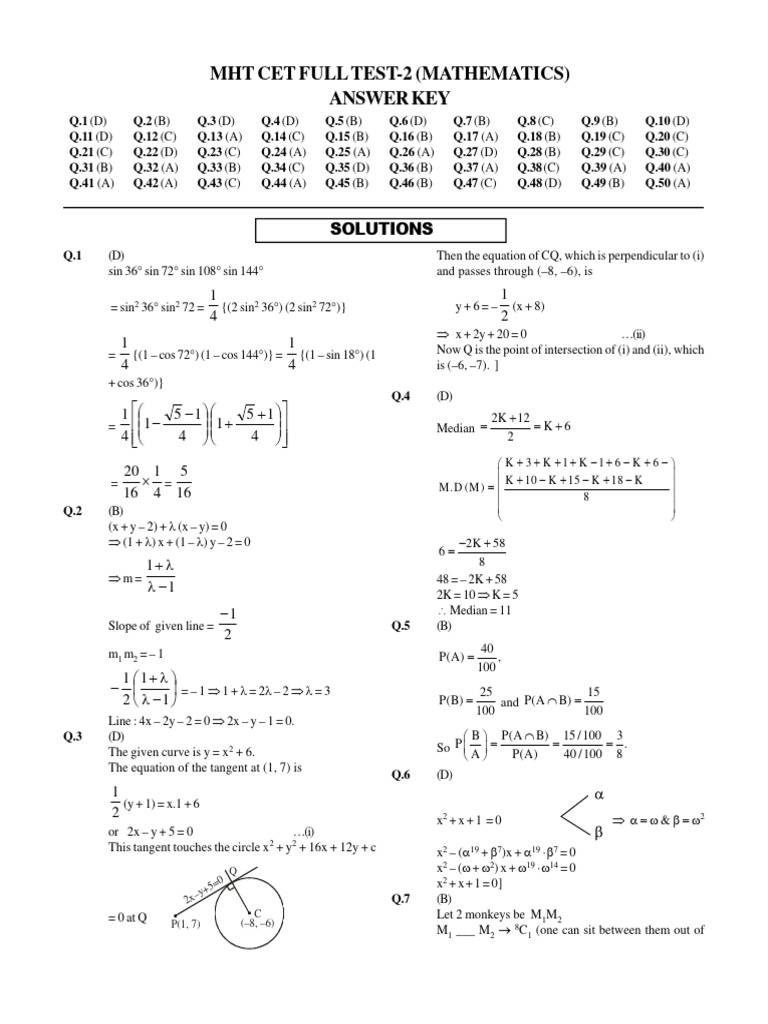 MHT CET-FT-2 Maths (Only Solutions) | PDF | Classical Geometry ...