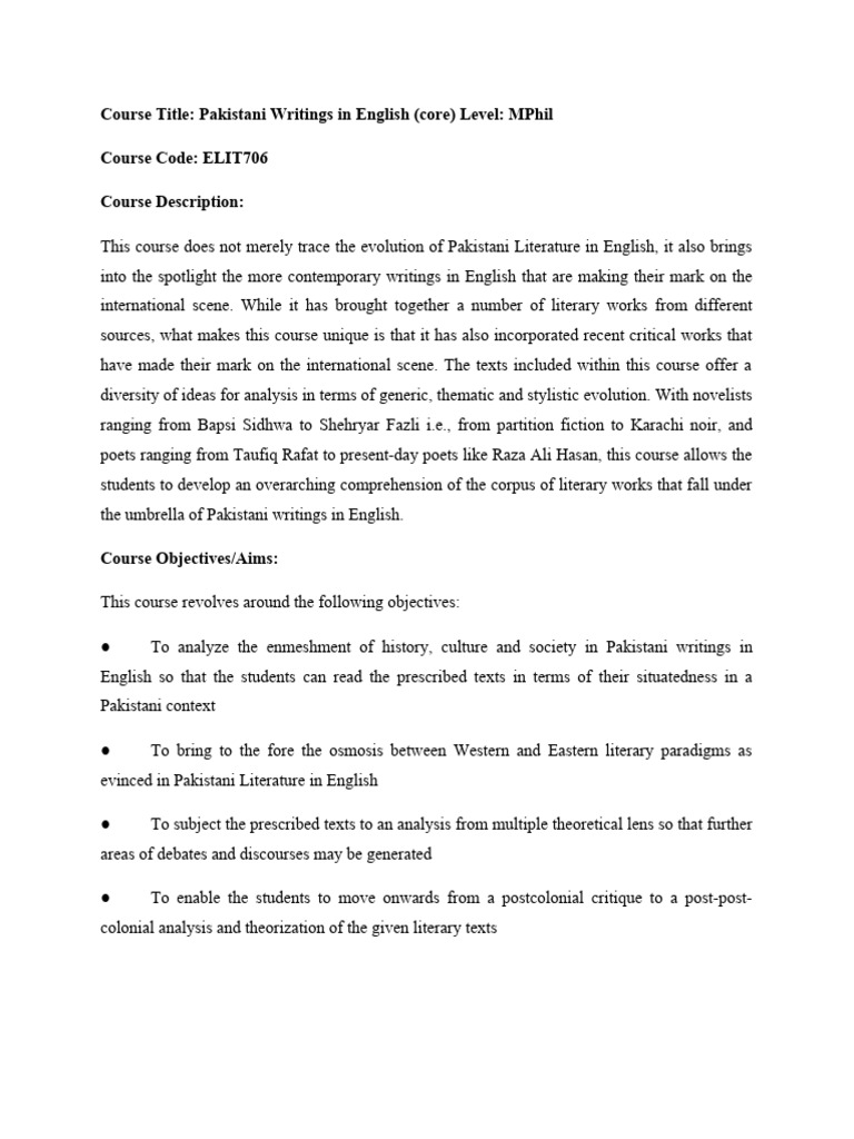 Pakistani Writings in English OUTLINE | PDF | Pakistan | Postcolonialism