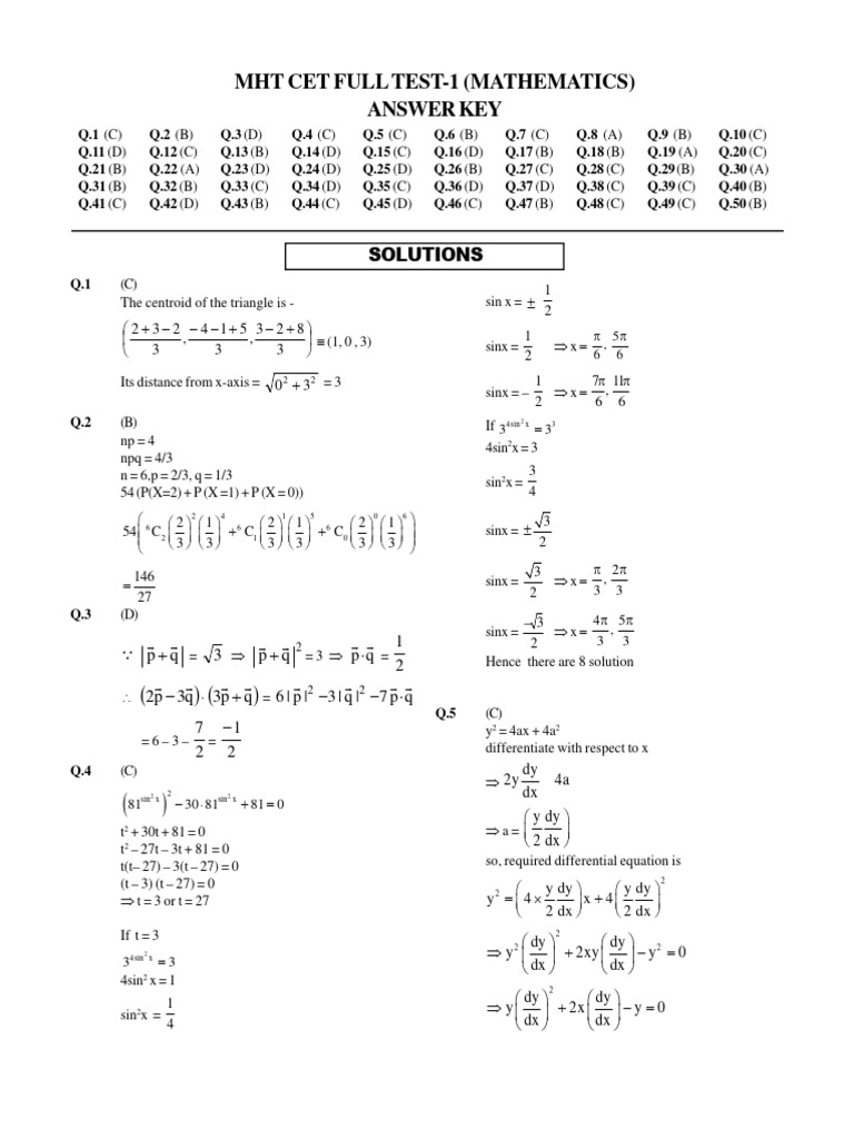 MHT CET-FT-1 Maths(Only Solutions) | PDF | Triangle | Elementary Geometry