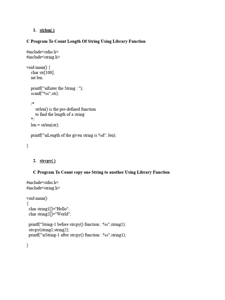 C String Functions: strlen, strcpy, strcat, strcmp | PDF | Computers