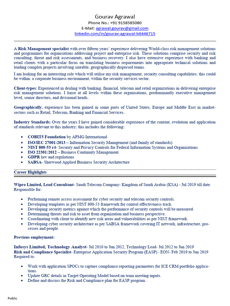 Gourav Agrawal Risk Management and Security Consultant v0.1 | PDF ...