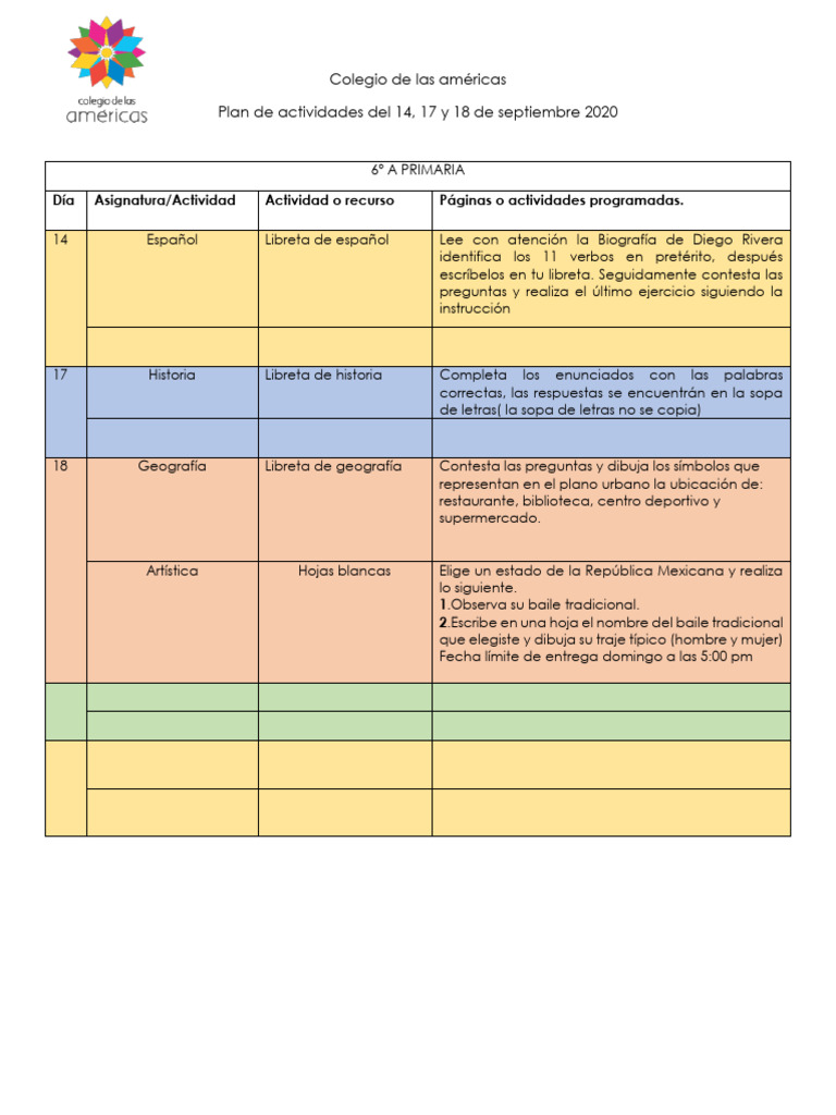 6 PLAN DE ACTIVIDADES Y TAREAS DEL 1417 y 18 DE SEPTIEMBRE. | PDF