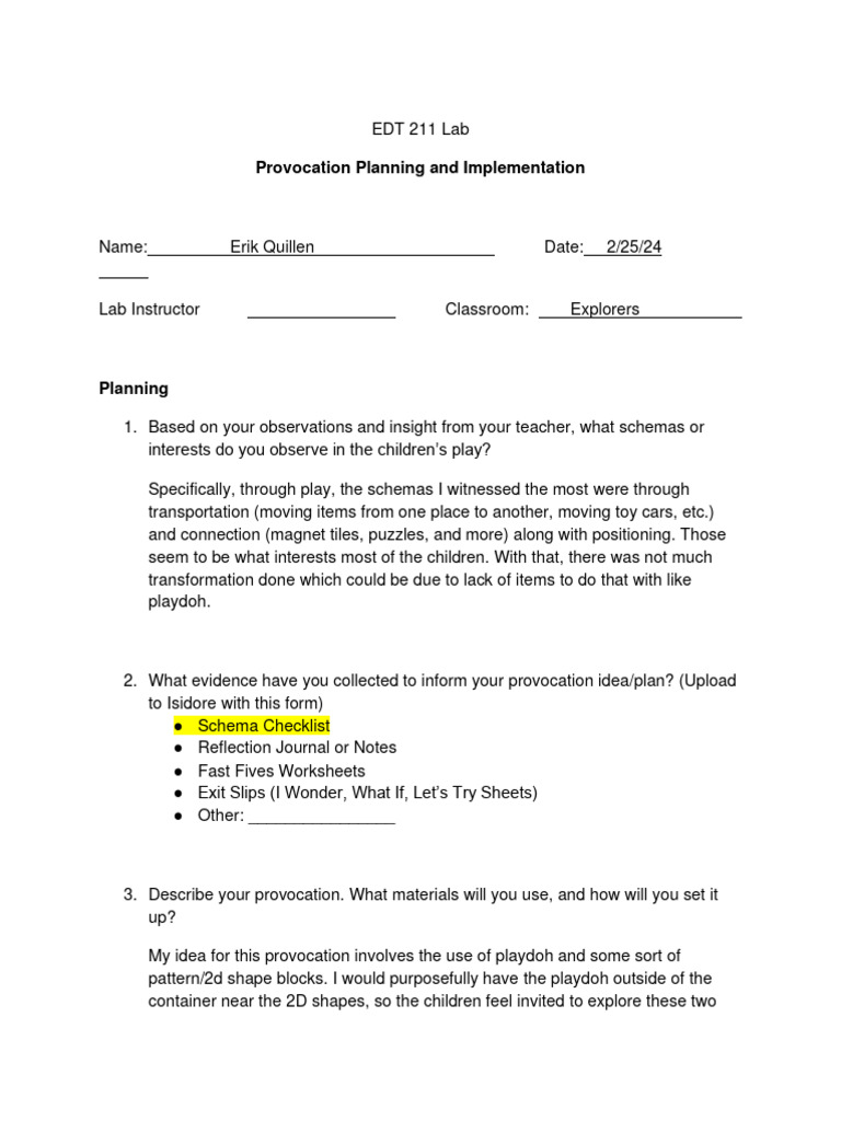 Provocation Planning for Child Play | PDF | Learning | Cognition