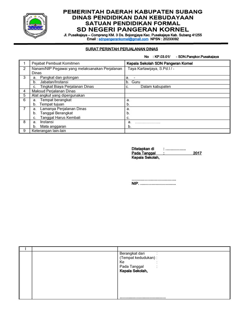 Format SPPD Surat Perintah Perjalanan Dinas Sekolah | PDF