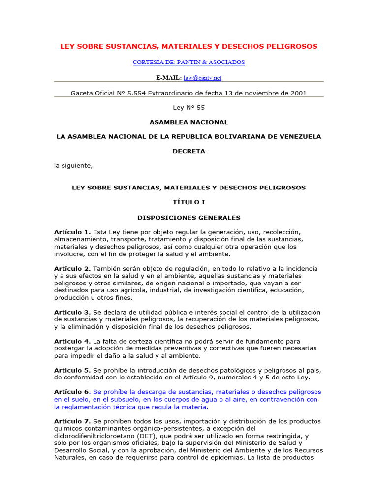 LEY SOBRE SUSTANCIAS, Materiales y Desechos Peligrosos | PDF | Mercancías peligrosas | Residuos