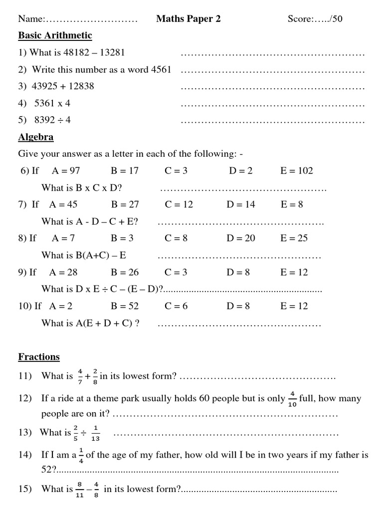 Maths Paper 2: Arithmetic & Algebra Test | PDF | Mathematics