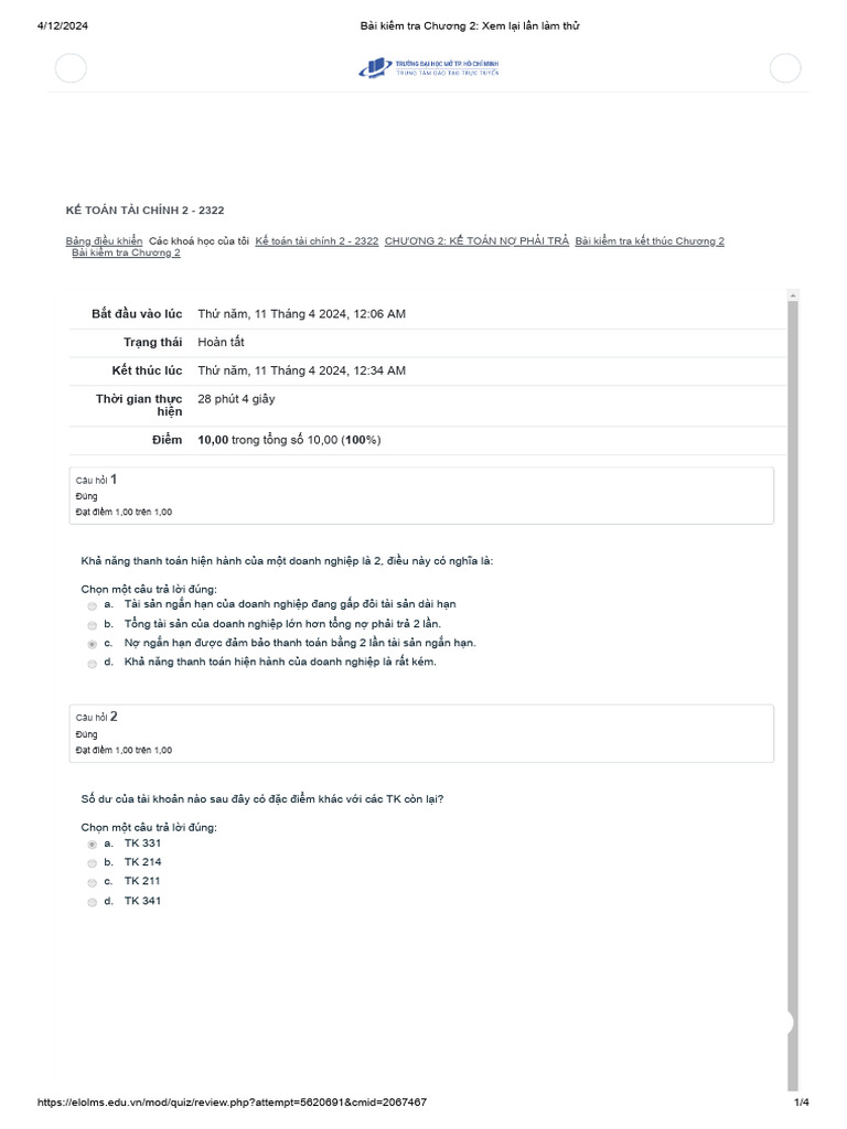 Bài kiểm tra Chương 2 - l2 - kttc2 | PDF
