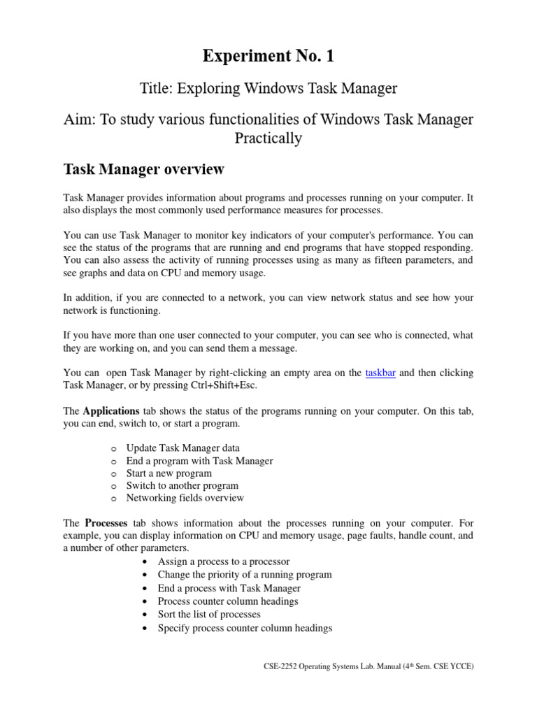 Expt 1 OS Windows Task Manager | PDF | Process (Computing) | Microsoft ...