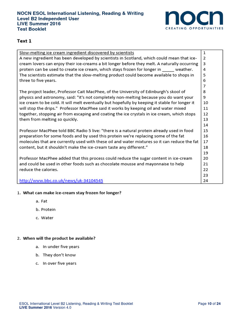 Text 1: NOCN ESOL International Listening, Reading & Writing Level B2 ...