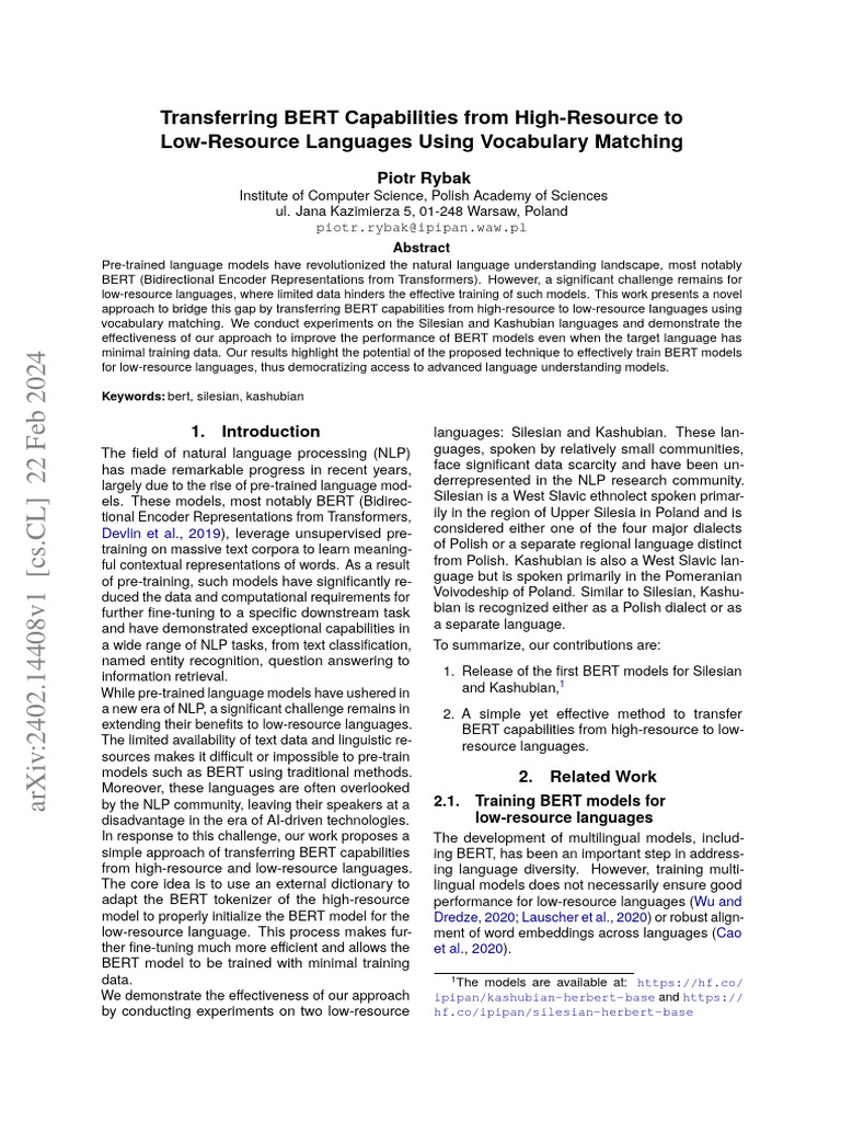 Transferring BERT Capabilities From High-Resource To Low-Resource Languages Using Vocabulary ...
