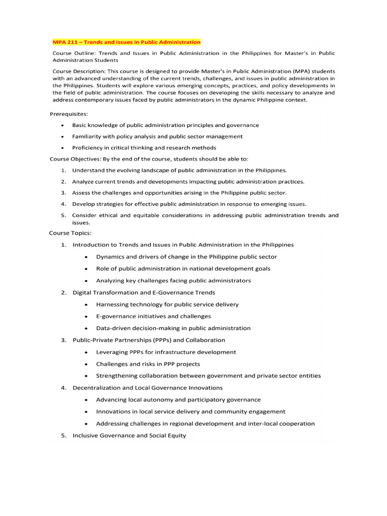 Mpa 211. Trends and Issues in Public Administration | PDF