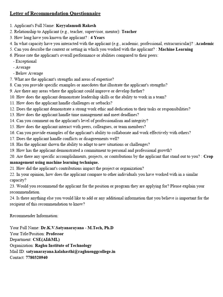 Letter of Recommendation Questionnaire - 1 | PDF | Machine Learning ...
