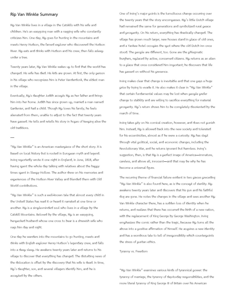Rip Van Winkle Summary | PDF | Rip Van Winkle | Washington Irving