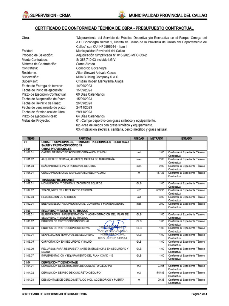 Certificado de Obra | PDF | Ingeniero civil | Materiales de construcción