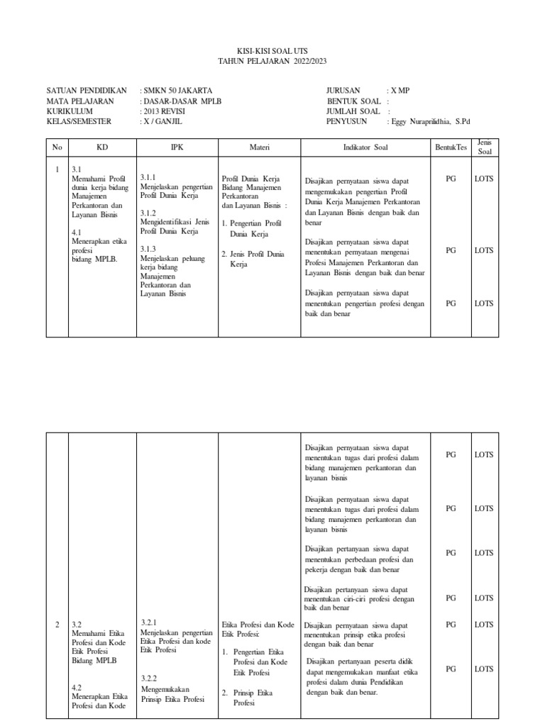 Kisi-Kisi Soal MPLB X MP Ganjil | PDF