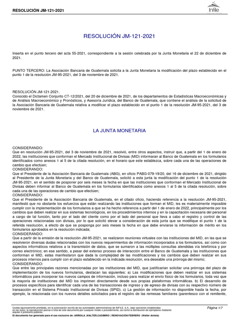 Resolución JM-121-2021 | PDF | Bancos | Guatemala
