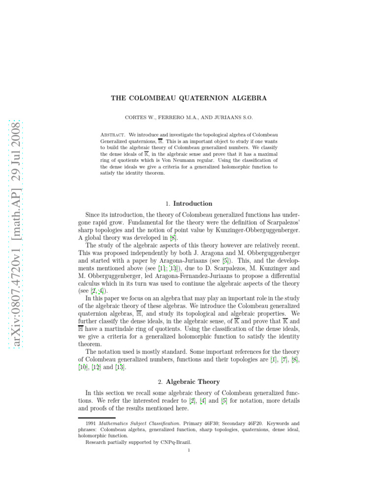 The Colombeau Quaternion Algebra | PDF | Ring (Mathematics) | Function (Mathematics)