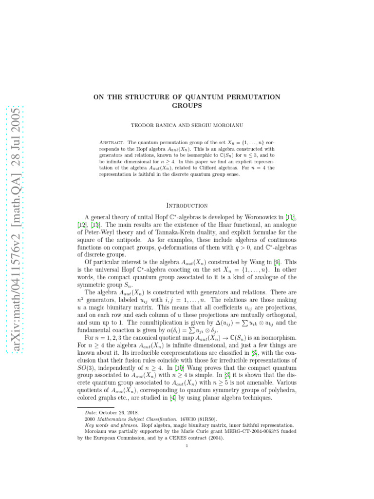 On The Structure of Quantum Permutation Groups | Download Free PDF | Representation Theory ...