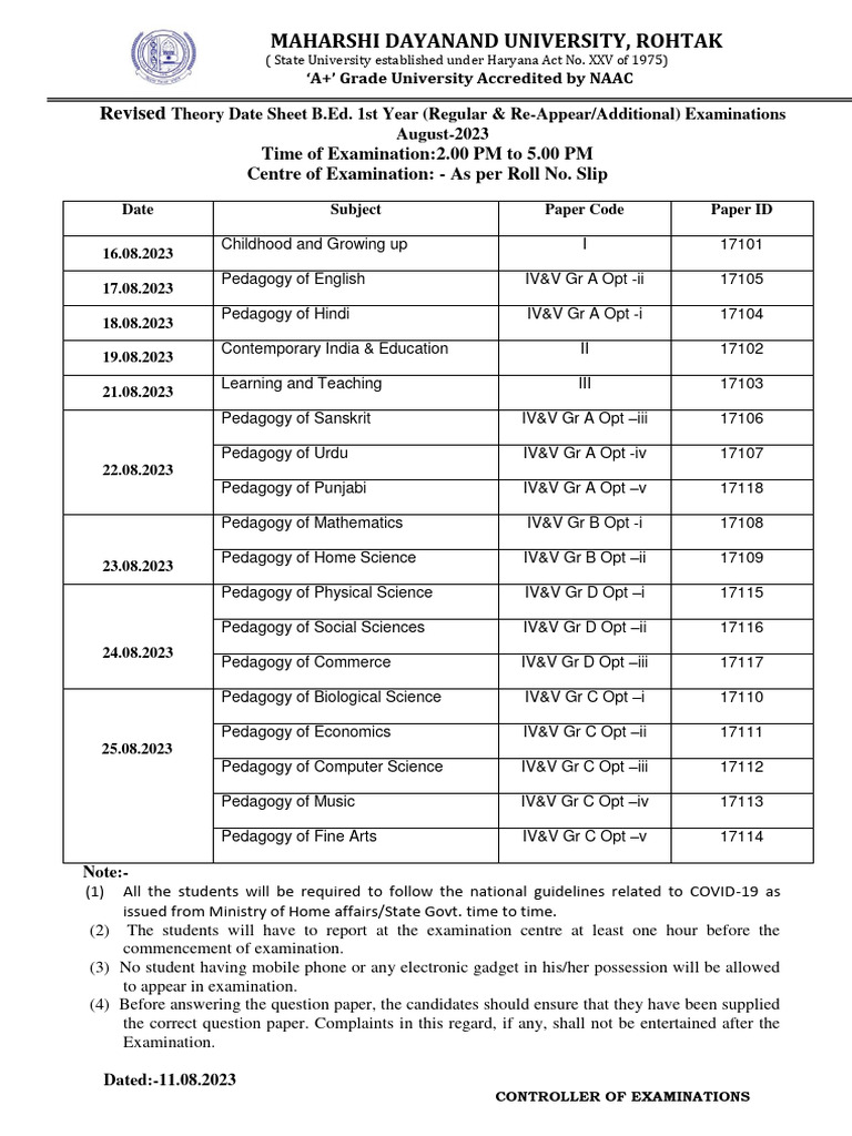 Revised B.Ed. 1st Year August 2023 | PDF