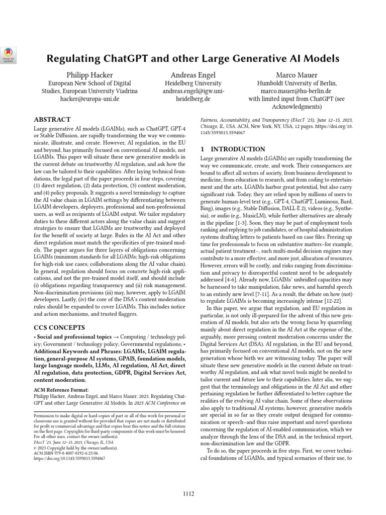 Regulating Chatgpt and Other Large Generative Ai Models: Philipp Hacker Andreas Engel Marco ...